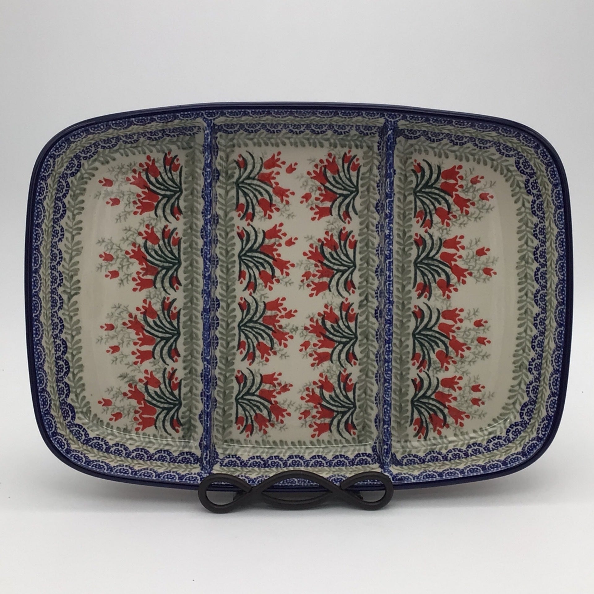 Large Rectangle Divided Dish- Crimson Bells | Siostra Polish Pottery